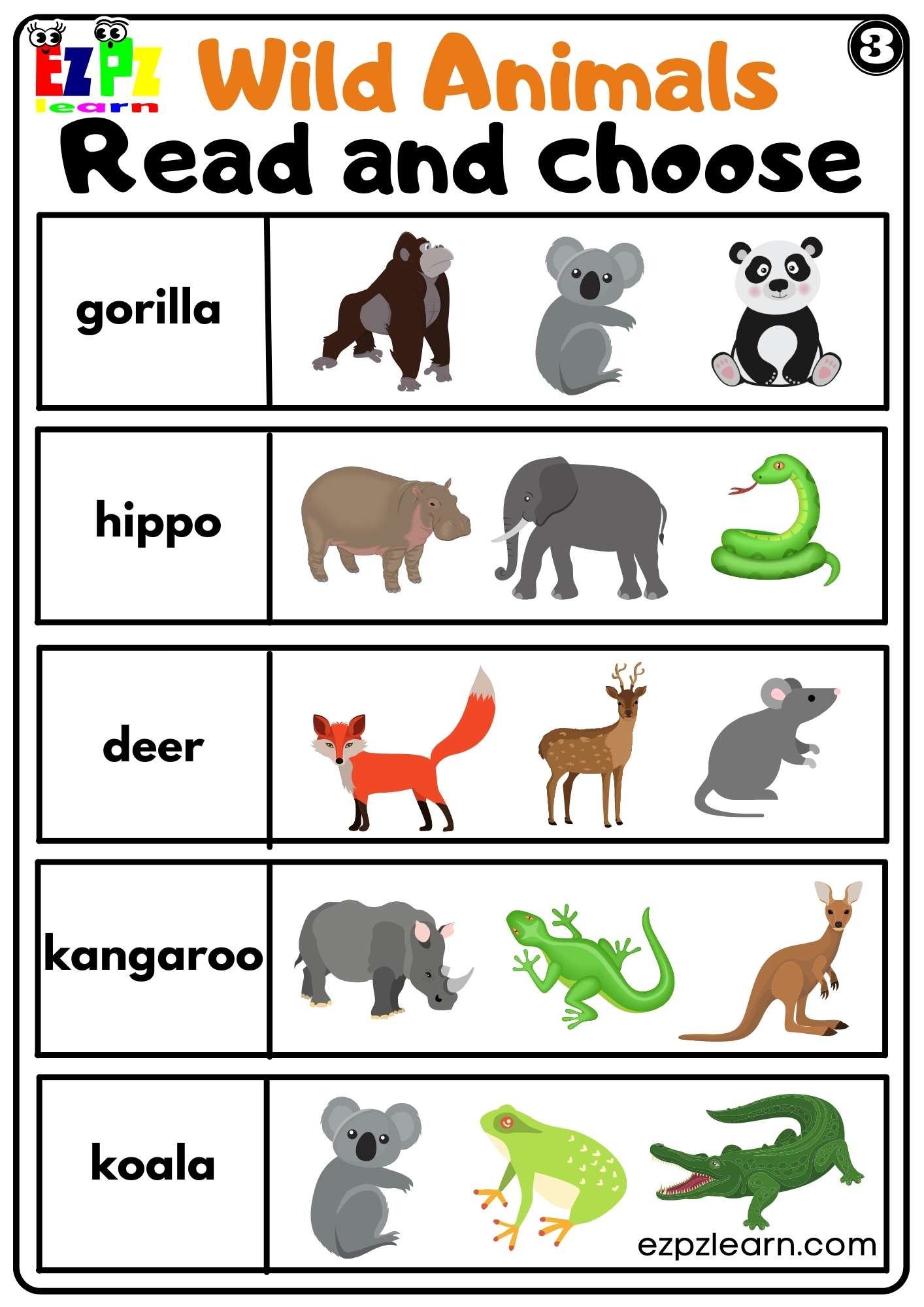 Wild Animals Read And Choose Worksheet For Kids And ESL PDF Download
